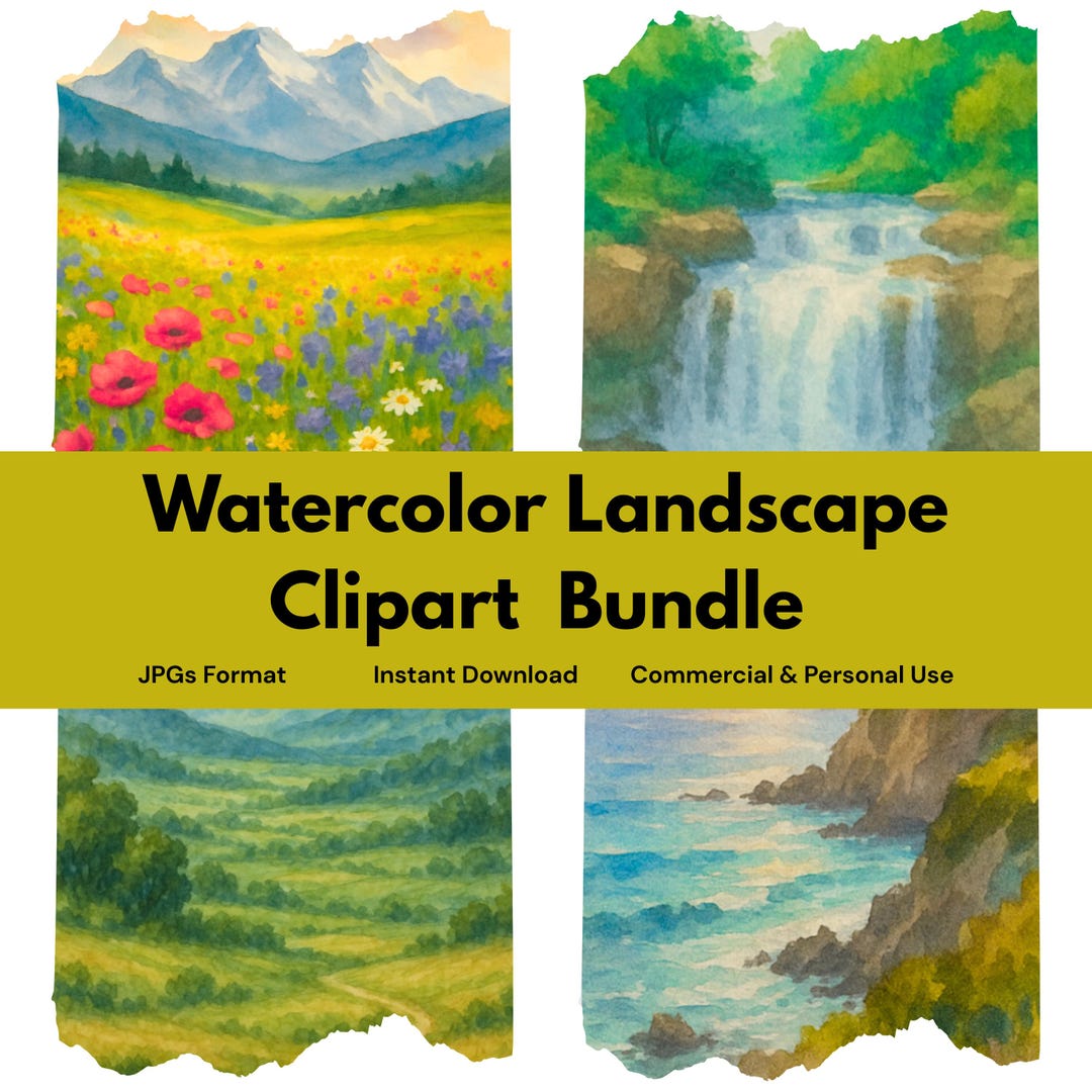 Watercolor Landscape Clipart: Scenic Mountain & Forest Jpgs (digital ...