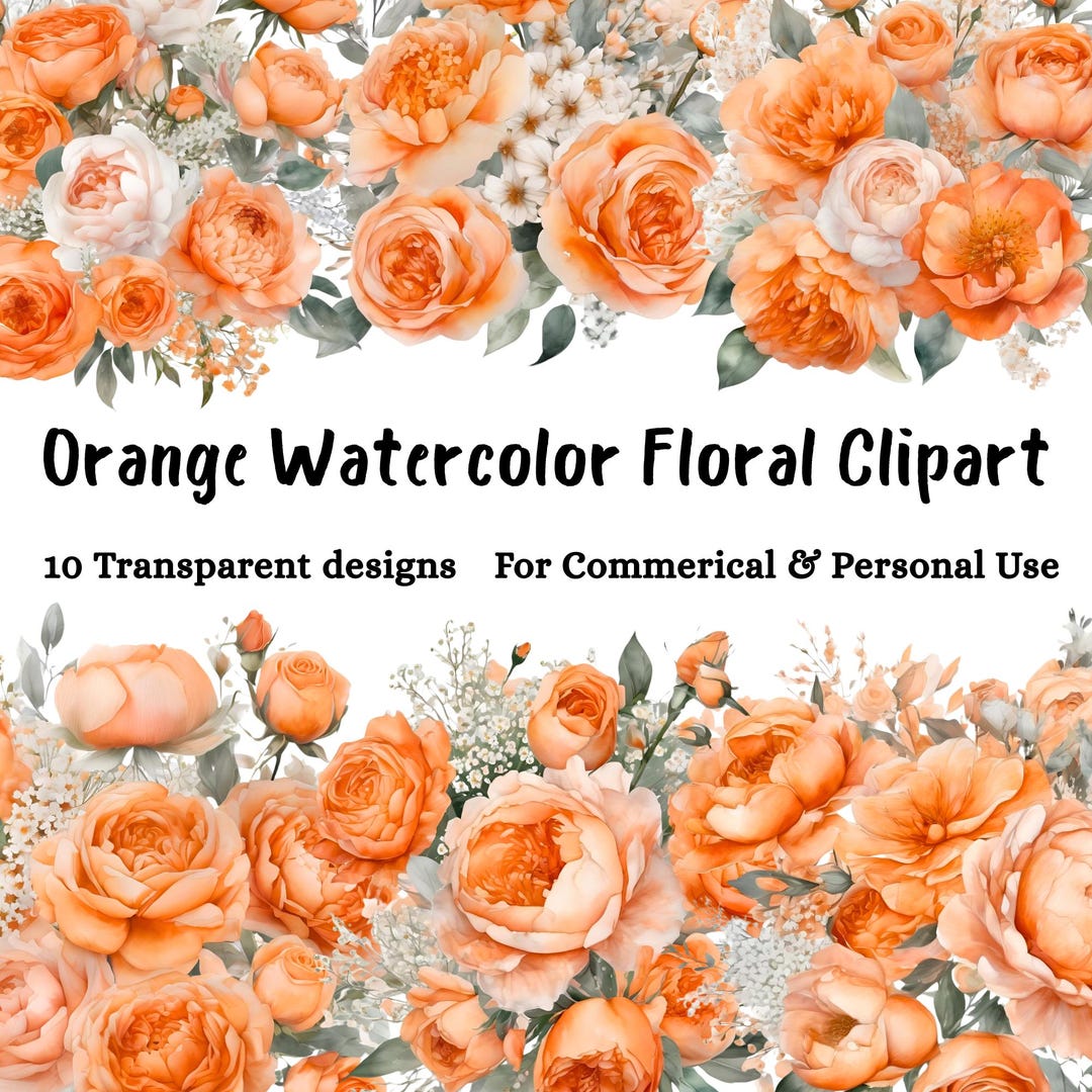 Orange Watercolor Rose Clipart: Floral Wedding Stationery (PNG ...