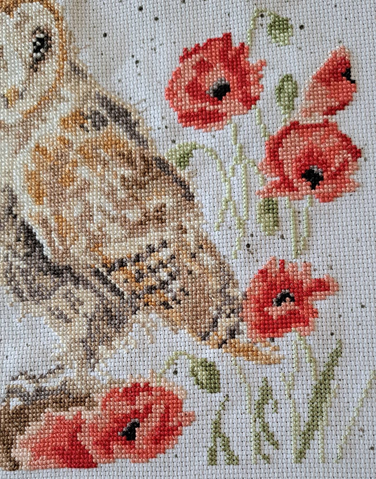 Completed Owl With Poppies Counted Cross Stitch Picture - Etsy