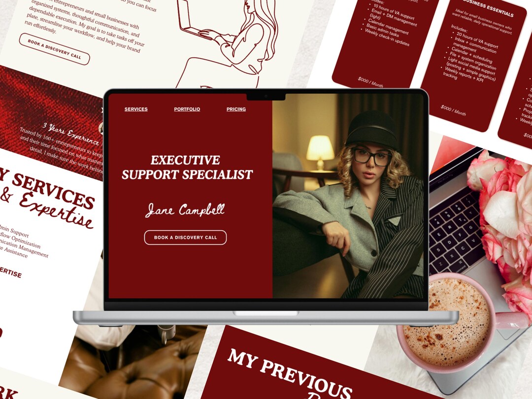 Canva Website Template for Virtual Assistants, Marketing Portfolio Red ...