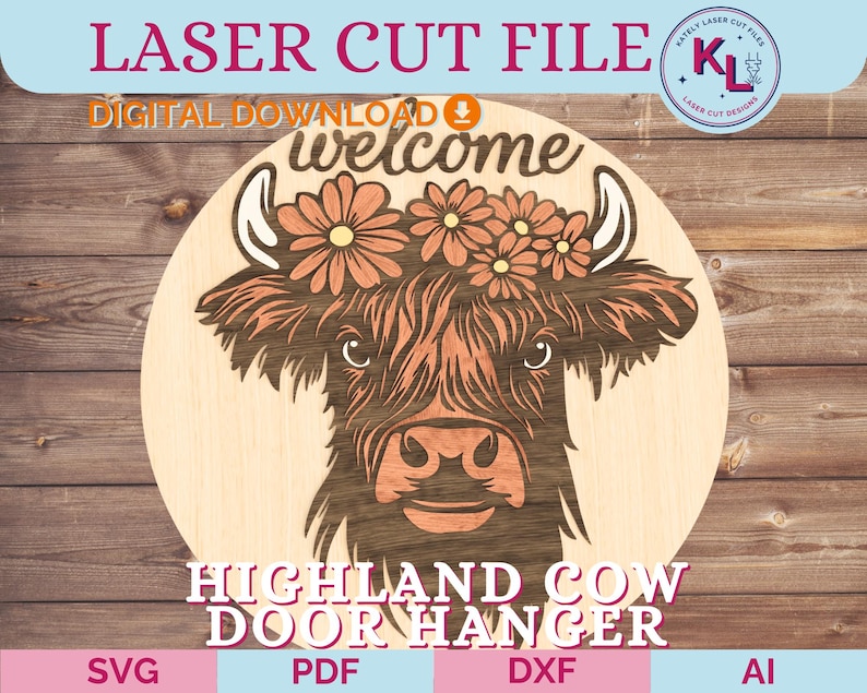 Highland Cow Door Hanger SVG – Laser Cut File, Highlander Cow Sign for ...