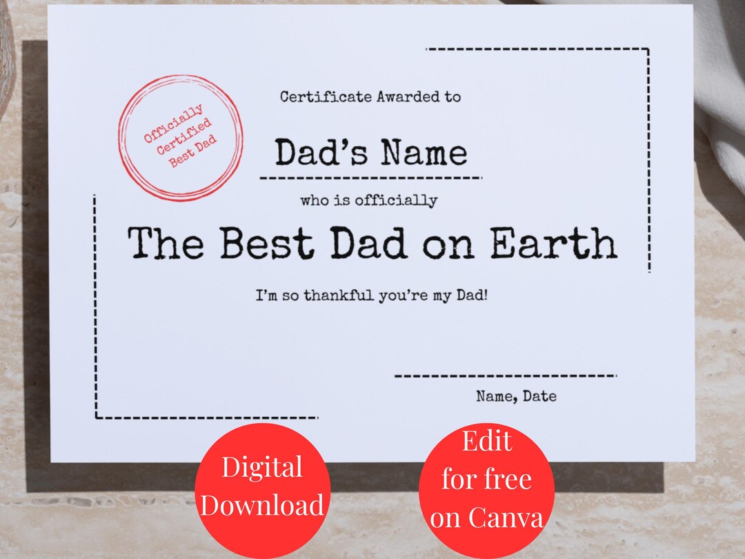 Best Dad Award Certificate Retro Present Editable Template Printable ...