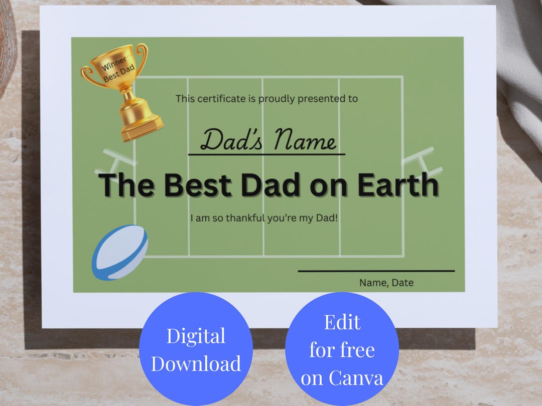 Best Dad Award Certificate Rugby Present Editable Template Printable ...