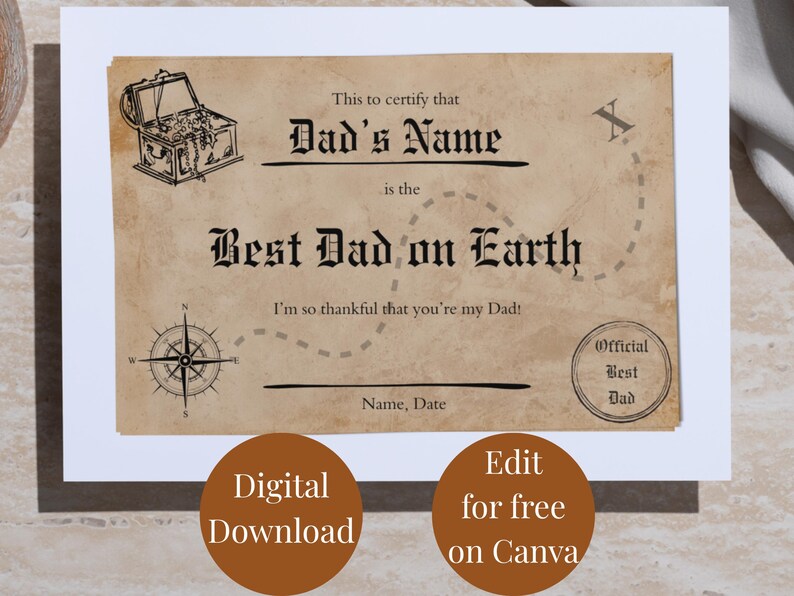 Best Dad Award Certificate Treasure Map Present Editable Template ...