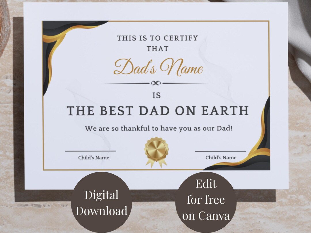Best Dad Award Gold Certificate Present Editable Template Printable ...