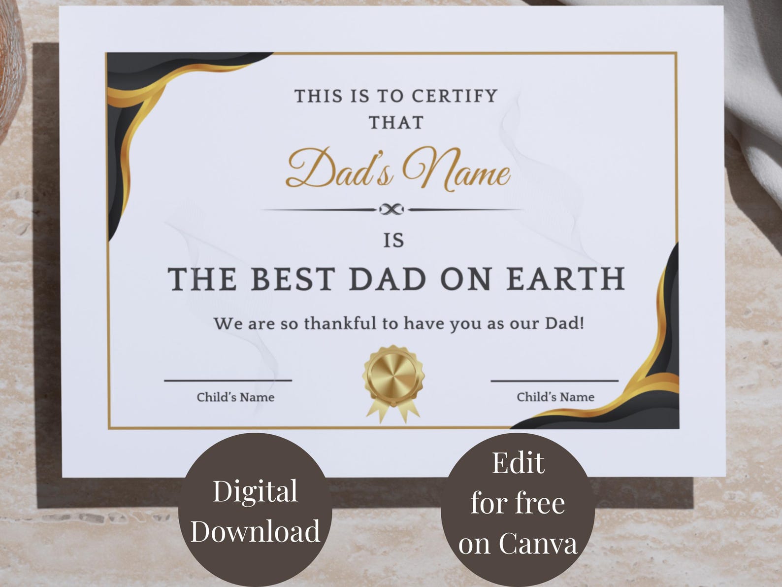 Best Dad Award Gold Certificate Present Editable Template Printable ...