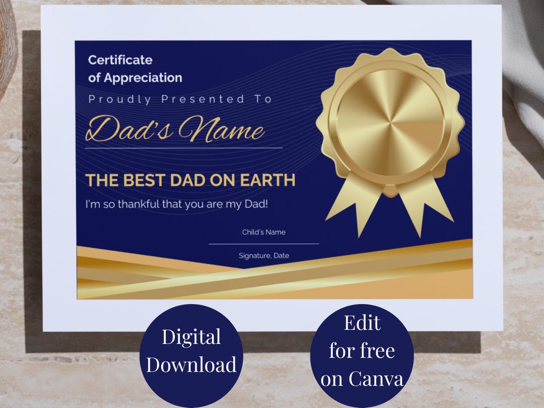 Best Dad Award Certificate Gold Rosette Editable Template Printable ...