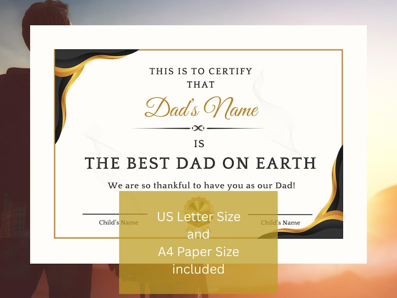 Best Dad Award Gold Certificate Present Editable Template Printable ...