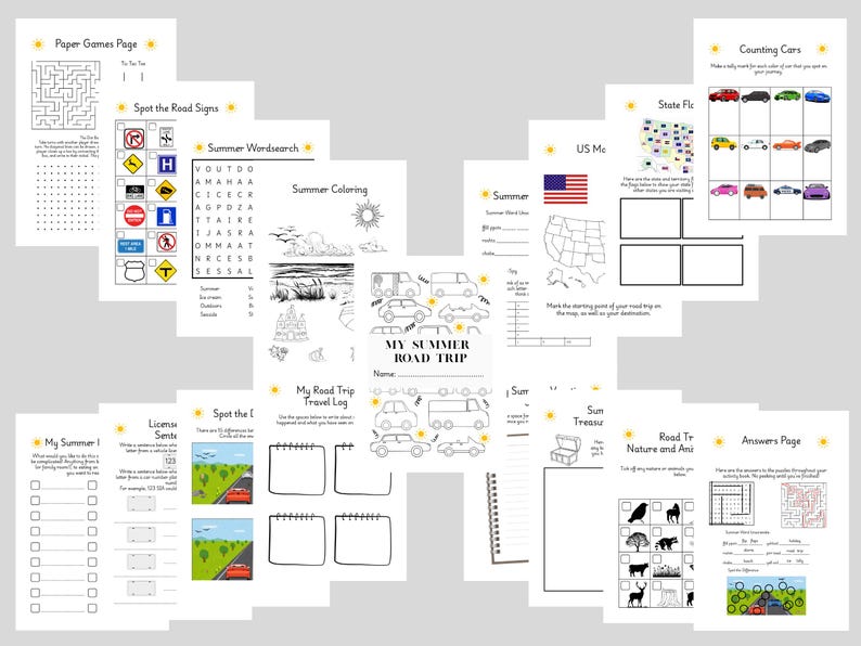 Kids Summer Road Trip Activity Sheets Worksheets Workbook Fun Screen ...