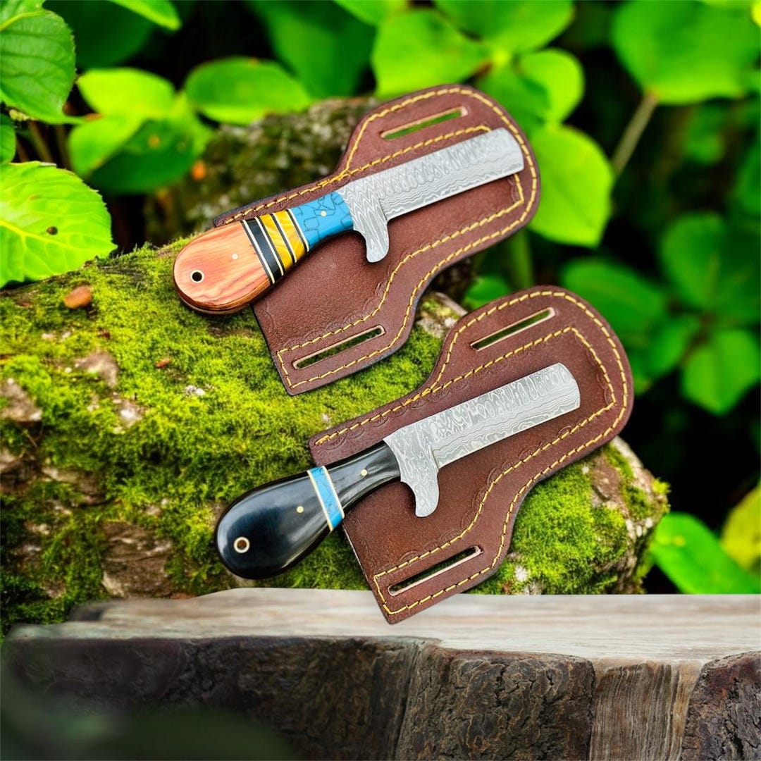 Damascus Bull Cutter Knife With Pakka Handle and Pan Cake Leather ...