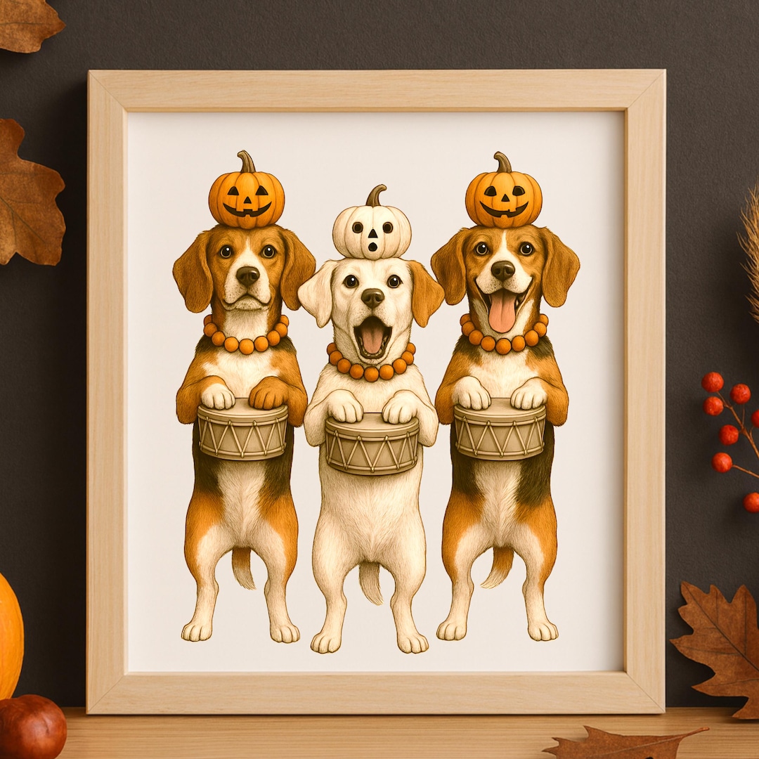 Beagle Dogs Halloween Art Print: Pumpkins & Drums (instant Download) - Etsy