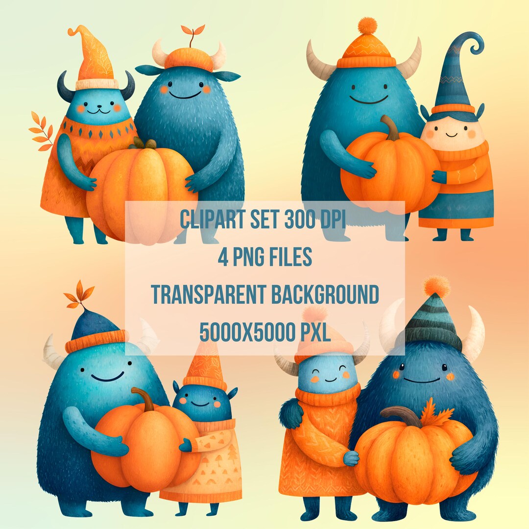 Cute Fall Monsters Clipart Set, Pumpkin Horned Creatures 4 PNG File ...