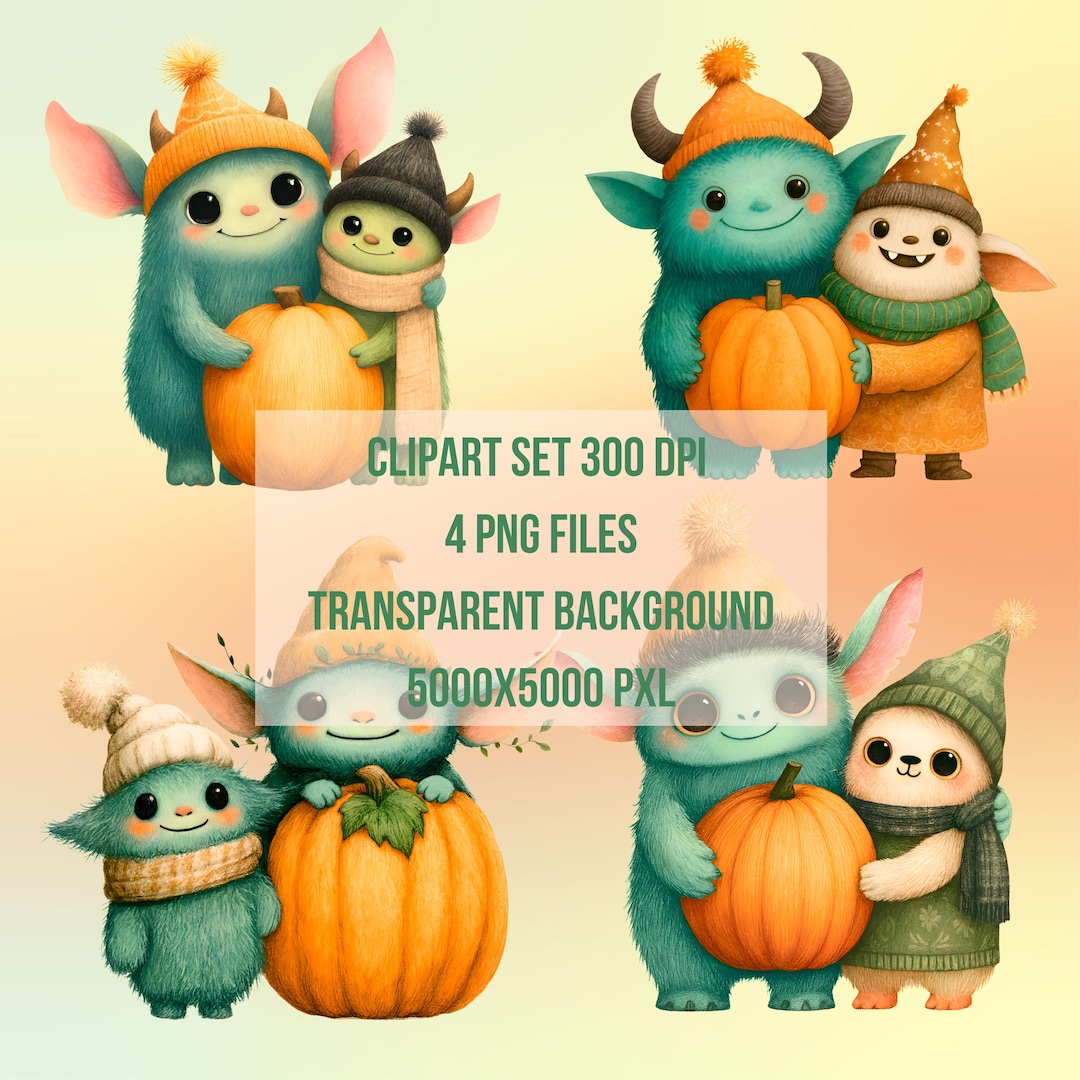 Cute Fall Monsters Clipart Set, Pumpkin Creature PNG Bundle, Cozy ...