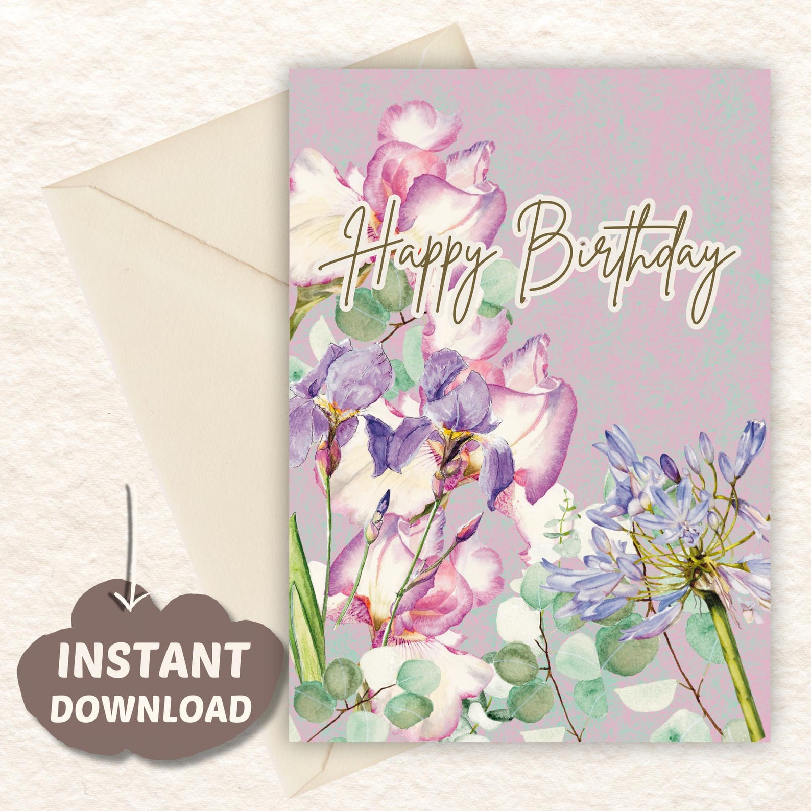 Printable Birthday Card With Watercolor Iris - Instant Download - Etsy
