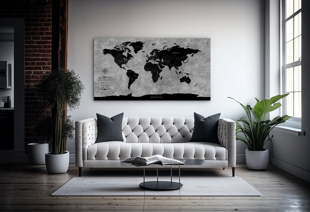 World Black and Gray Push Pin Travel Map Canvas, Large Personalized ...