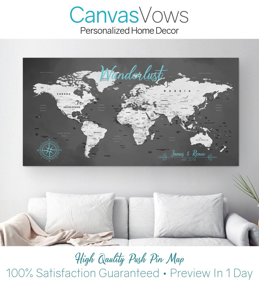 Personalized Push Pin World Map Canvas: Custom Travel Tracker - Etsy