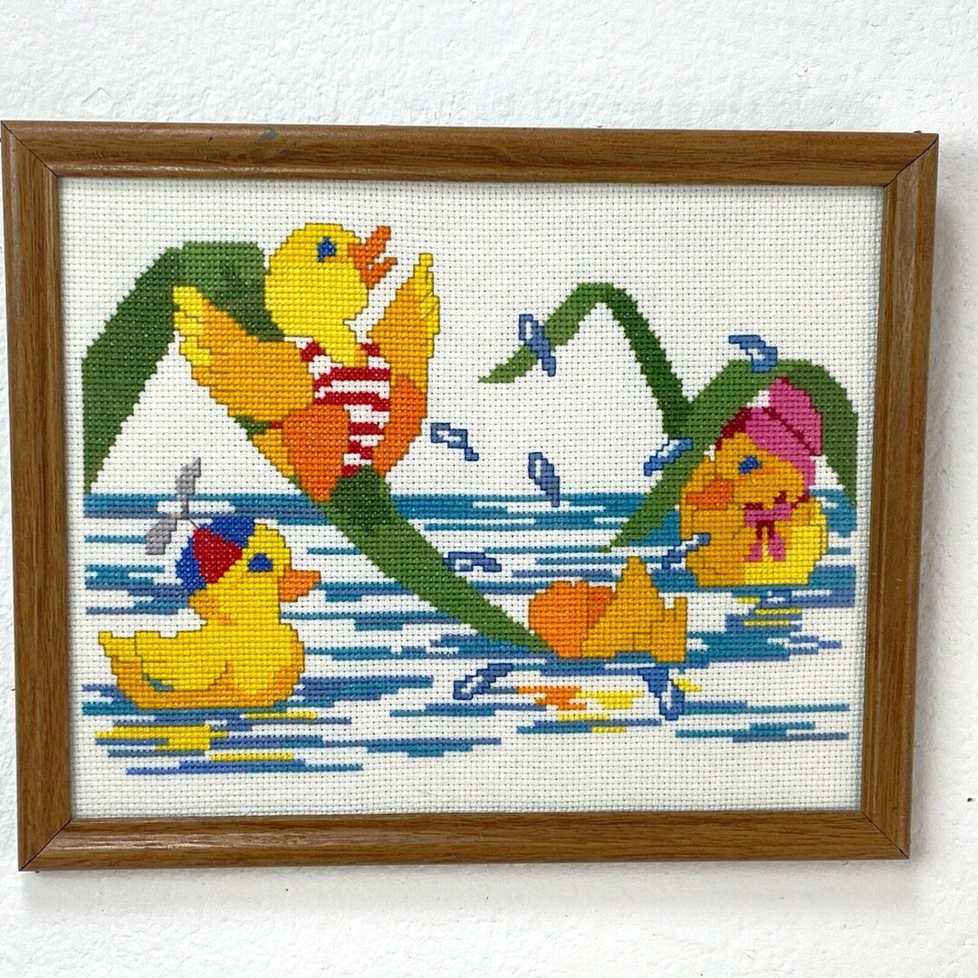 Vintage Fun Playful Ducklings Needlepoint Wood Framed With Glass 11" X ...