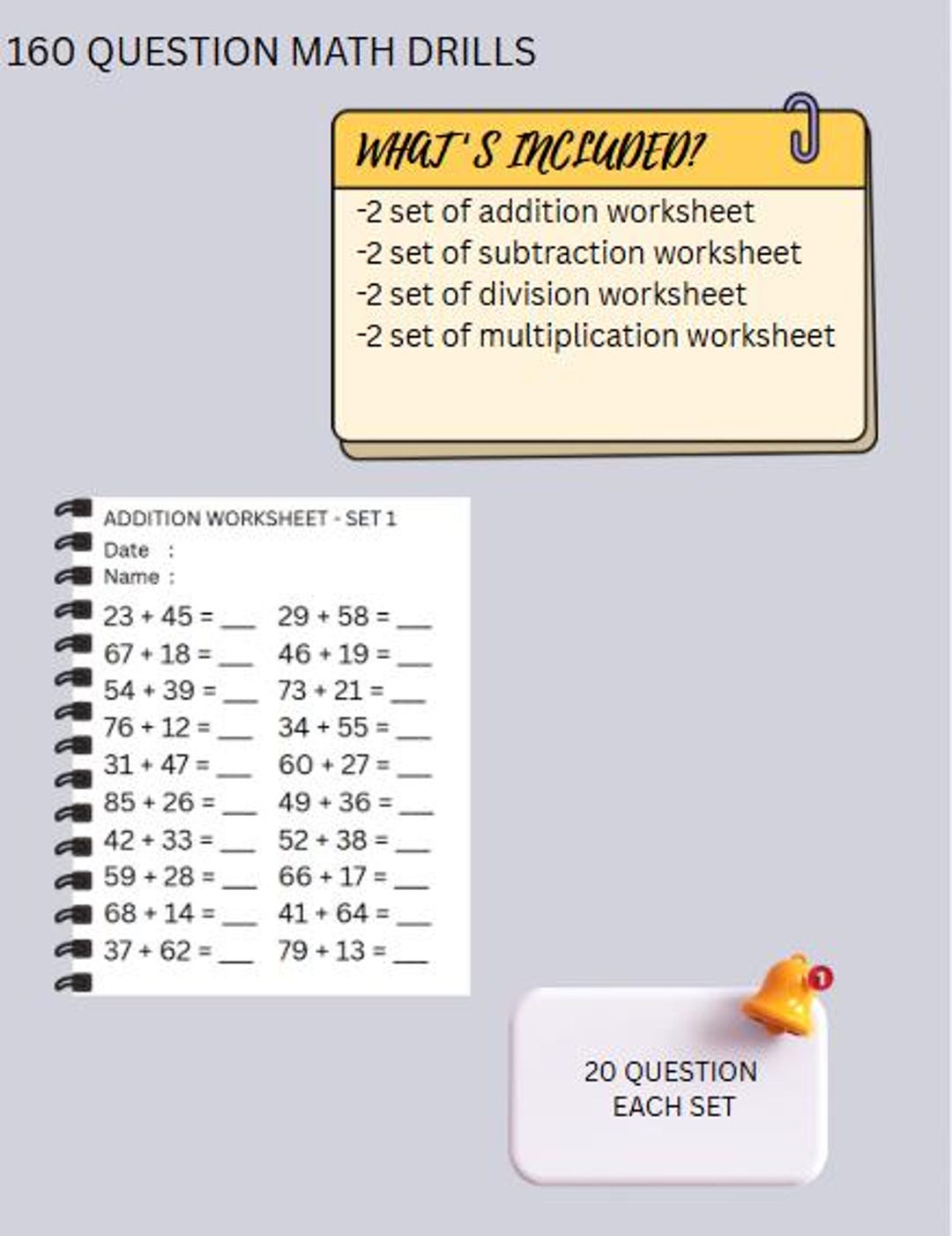 160 Question Math Printable Worksheet, Fill in the Blank, Addition ...