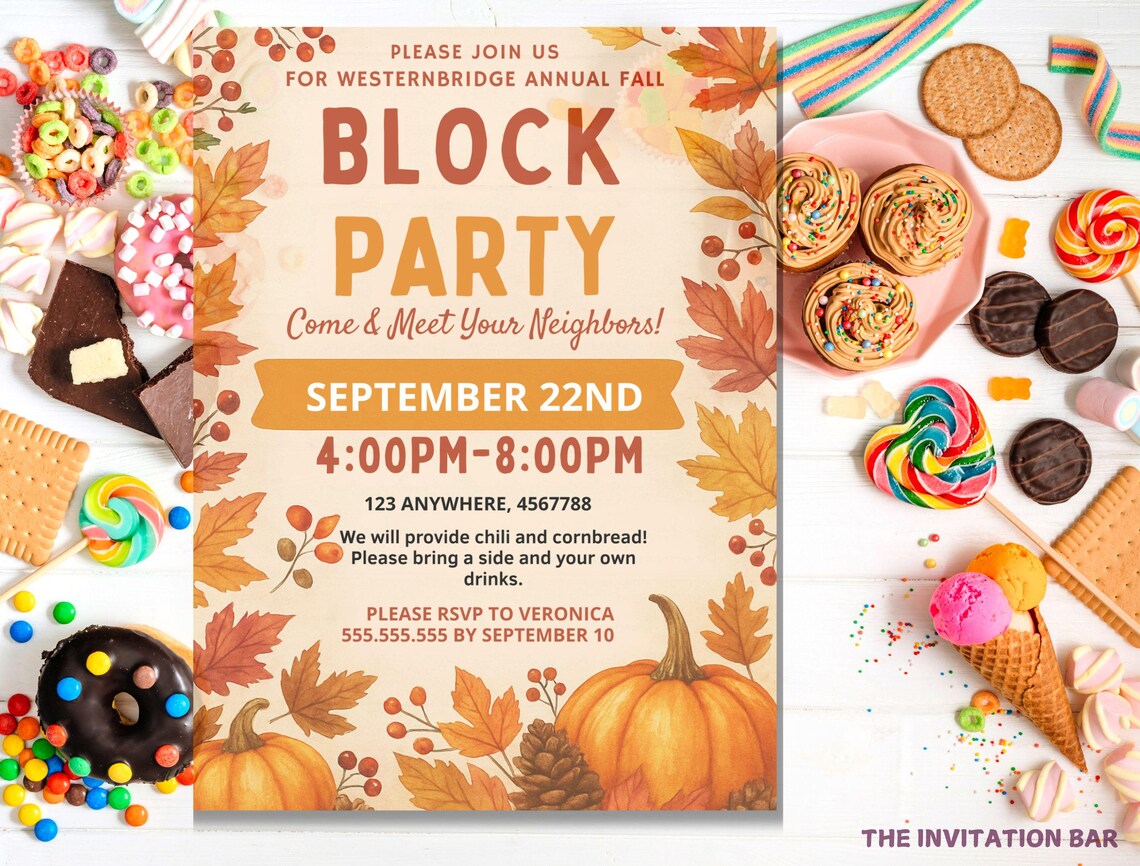 Fall Block Party Flyer Editable Template for Autumn Neighborhood Party ...