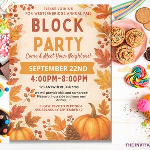 Fall Block Party Flyer Editable Template for Autumn Neighborhood Party ...
