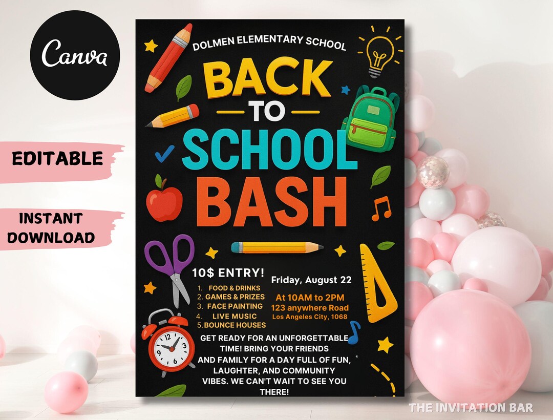 Editable Back to School Bash Flyer: DIY Party Invitation Template (5x7 ...