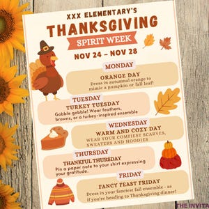 Thanksgiving Spirit Week Flyer: Editable School Template (digital ...