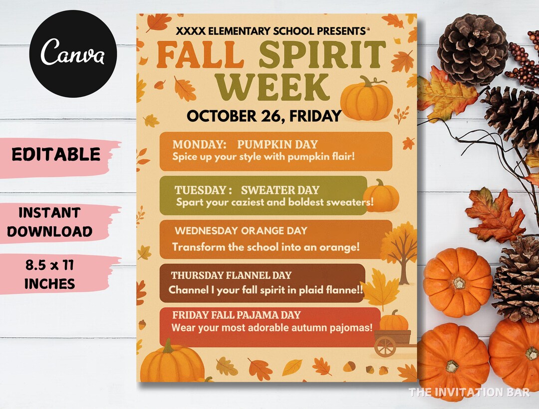 Editable Fall School Spirit Week Flyer Template (digital Download) - Etsy