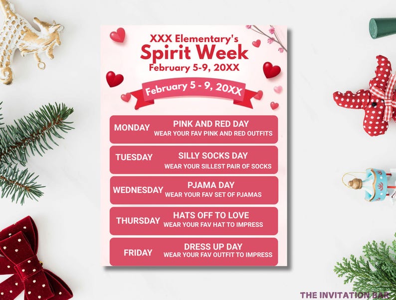 Valentines Day Spirit Week Flyer Editable | School Spirit Week Schedule ...