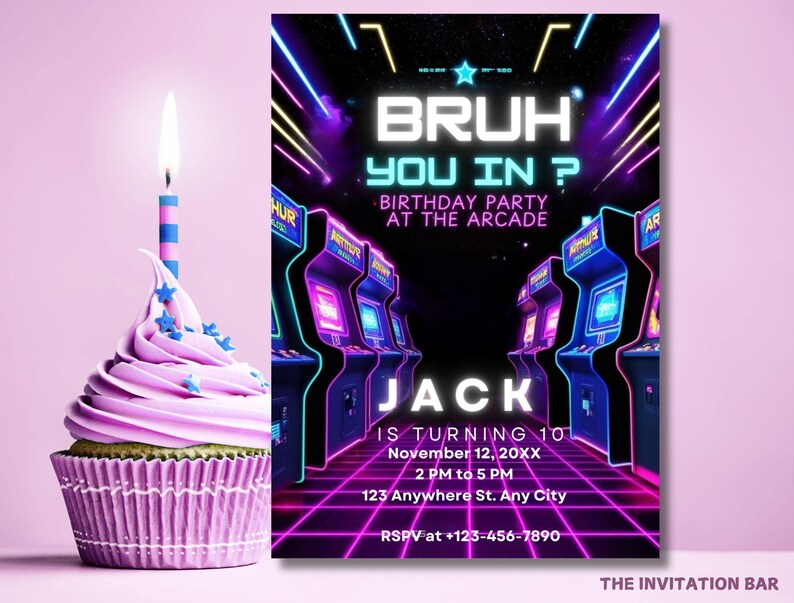 Arcade Birthday Invitation Editable in Canva, Retro Gaming Party Invite ...