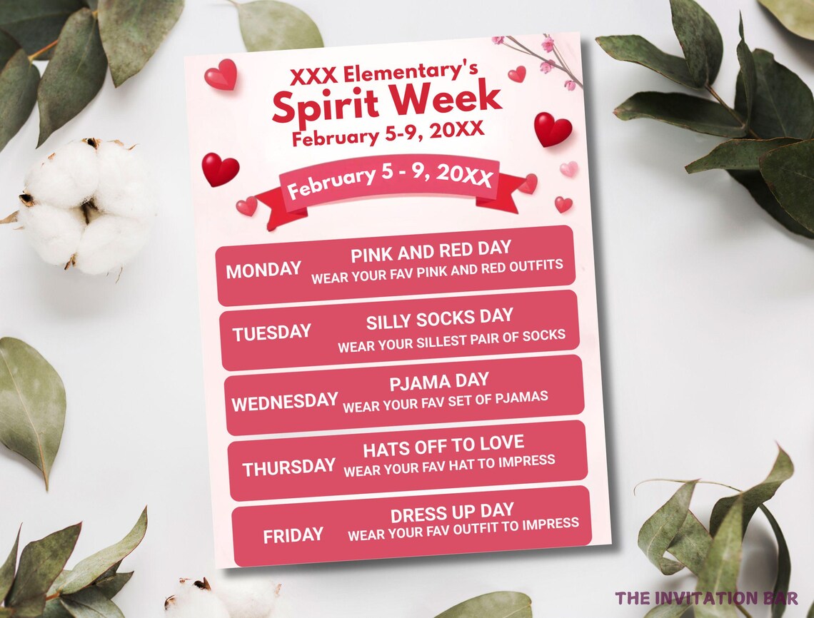 Valentines Day Spirit Week Flyer Editable | School Spirit Week Schedule ...