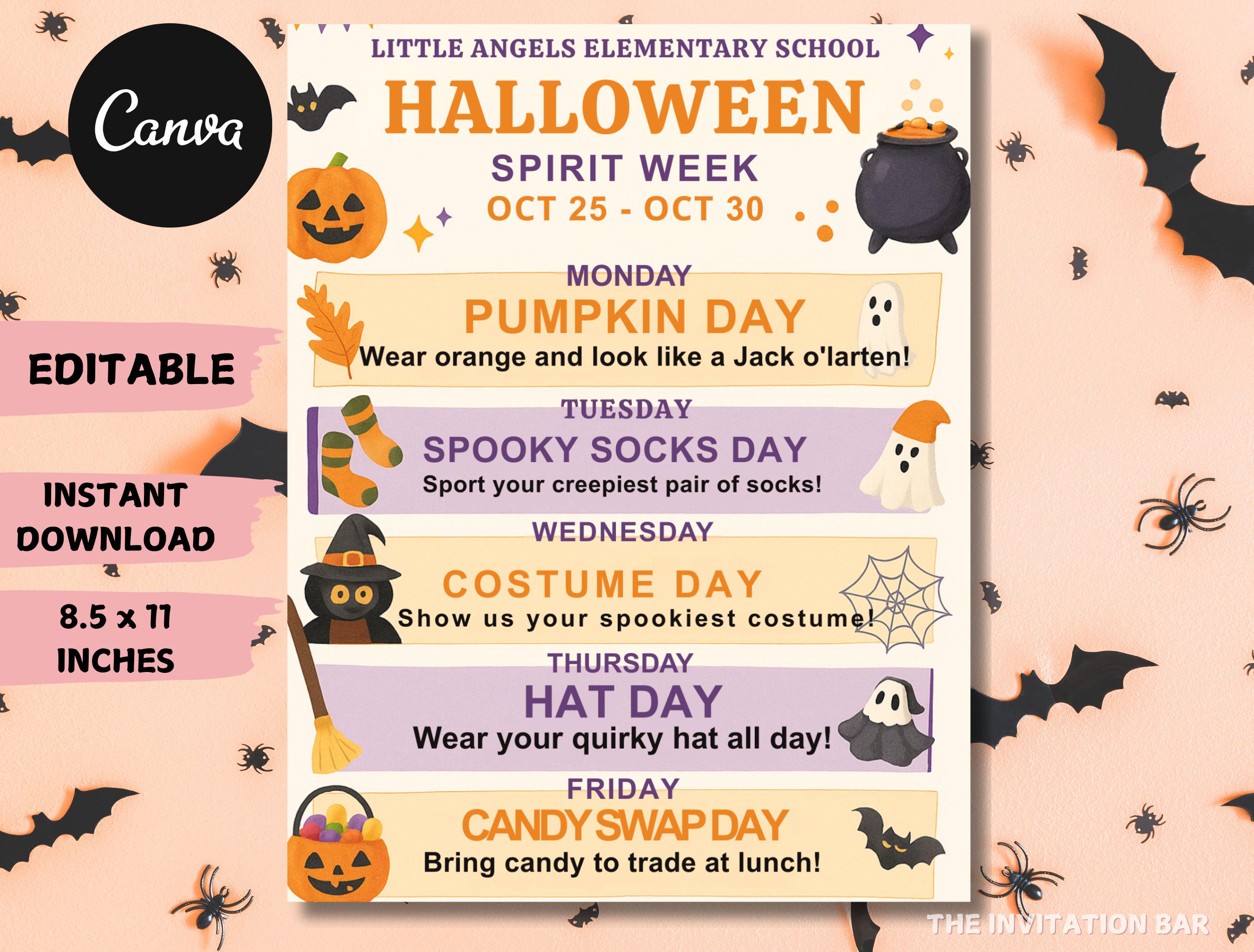 Editable Halloween Spirit Week Flyer: School Events Itinerary (canva ...