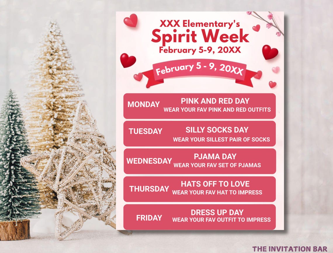 Valentines Day Spirit Week Flyer Editable | School Spirit Week Schedule ...