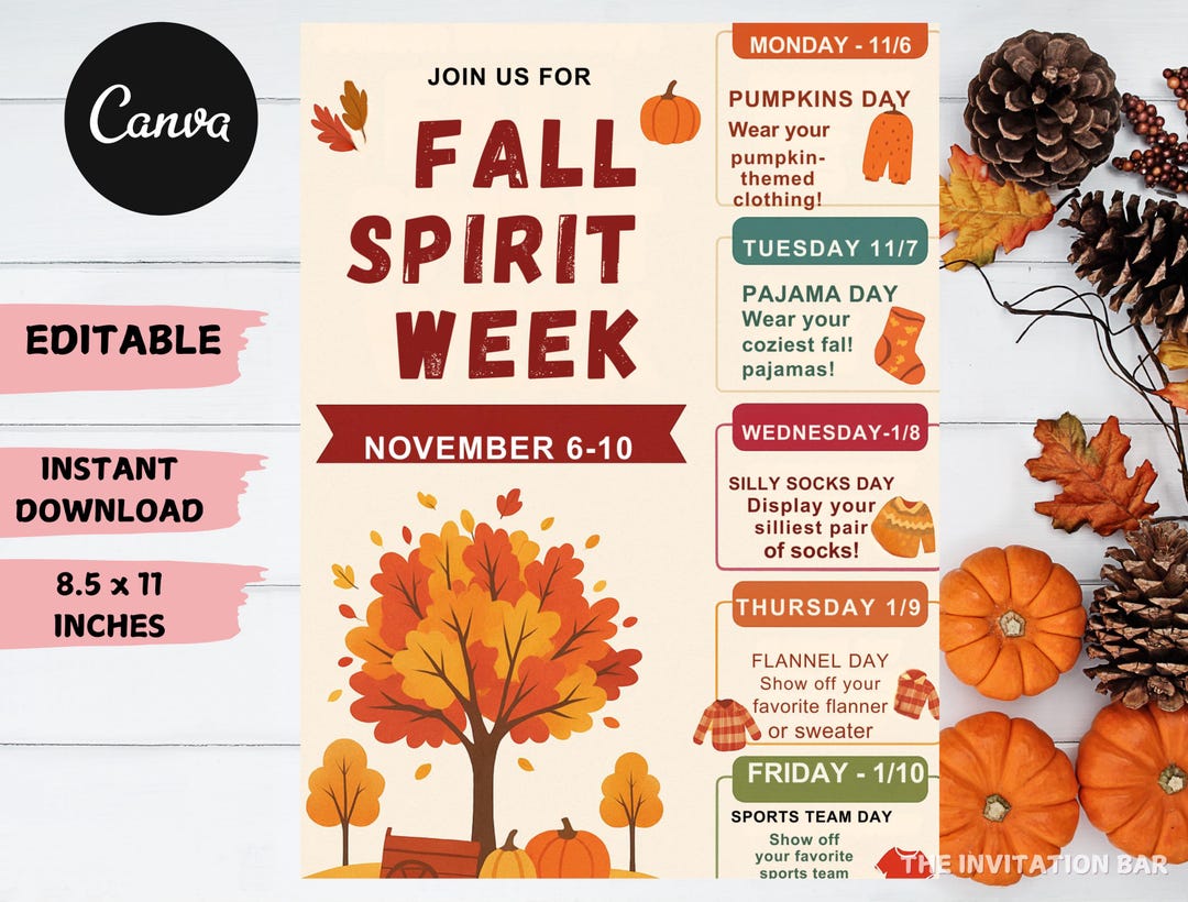 Editable Fall Spirit Week Flyer: Autumn School Event Itinerary (canva ...