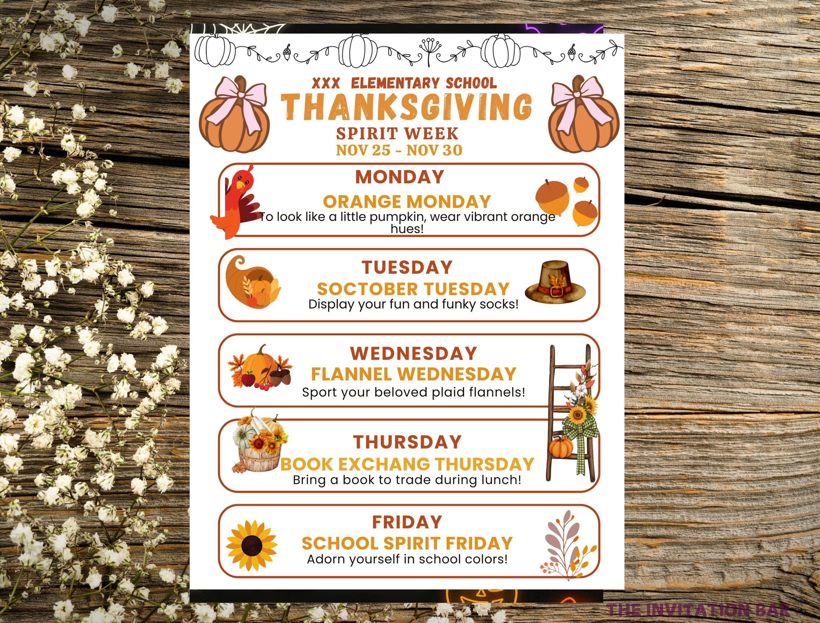 Thanksgiving School Spirit Week Flyer: Editable PTA/PTO Itinerary ...