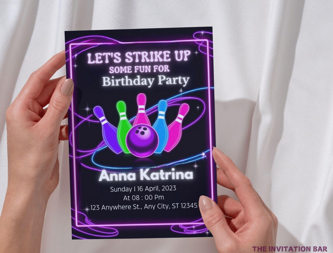 Glow Bowling Birthday Invitation: Neon Party, Editable Canva (PDF or ...