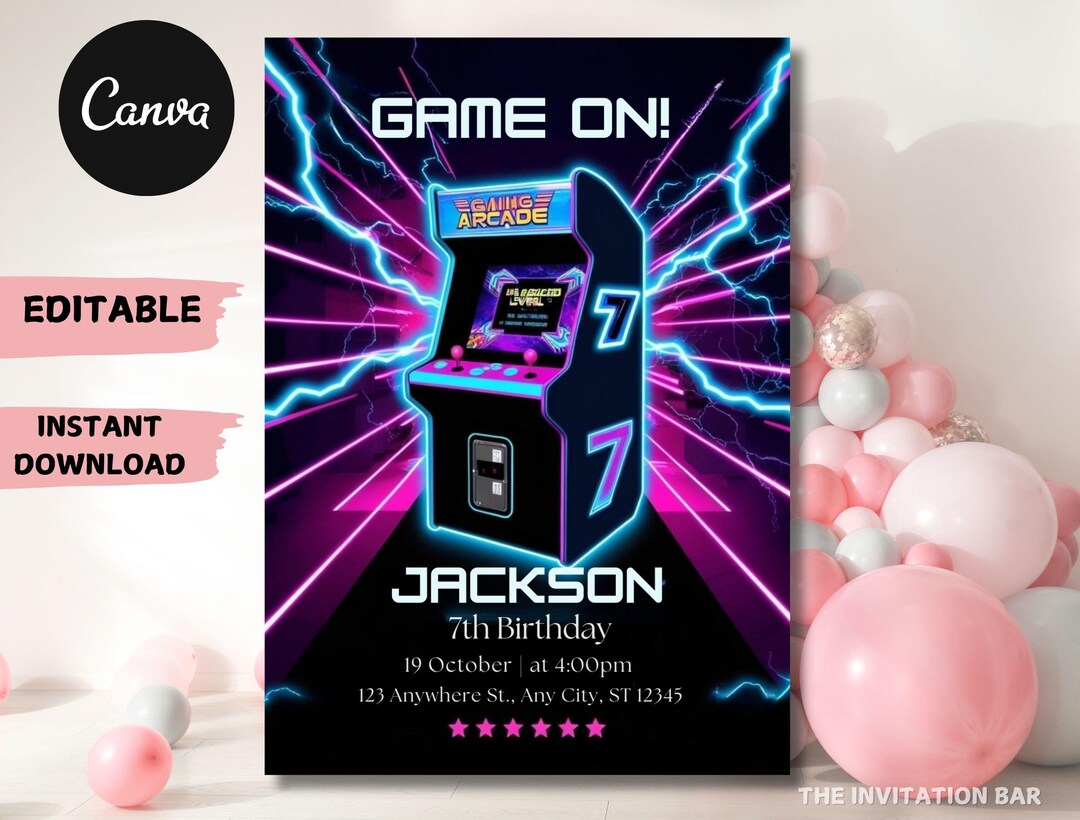 Arcade Birthday Invitation Editable in Canva, Retro Gaming Party Invite ...