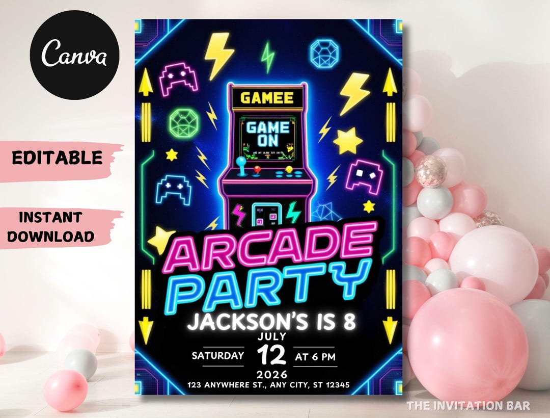 Arcade Birthday Invitation Template, Arcade Invitation, Neon Glow ...