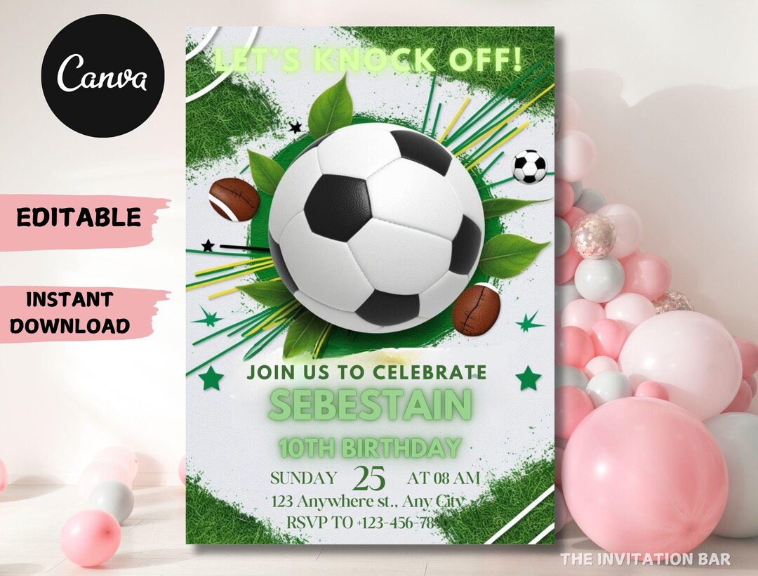 Editable Soccer Birthday Invitation: 5x7 Canva Template (digital ...