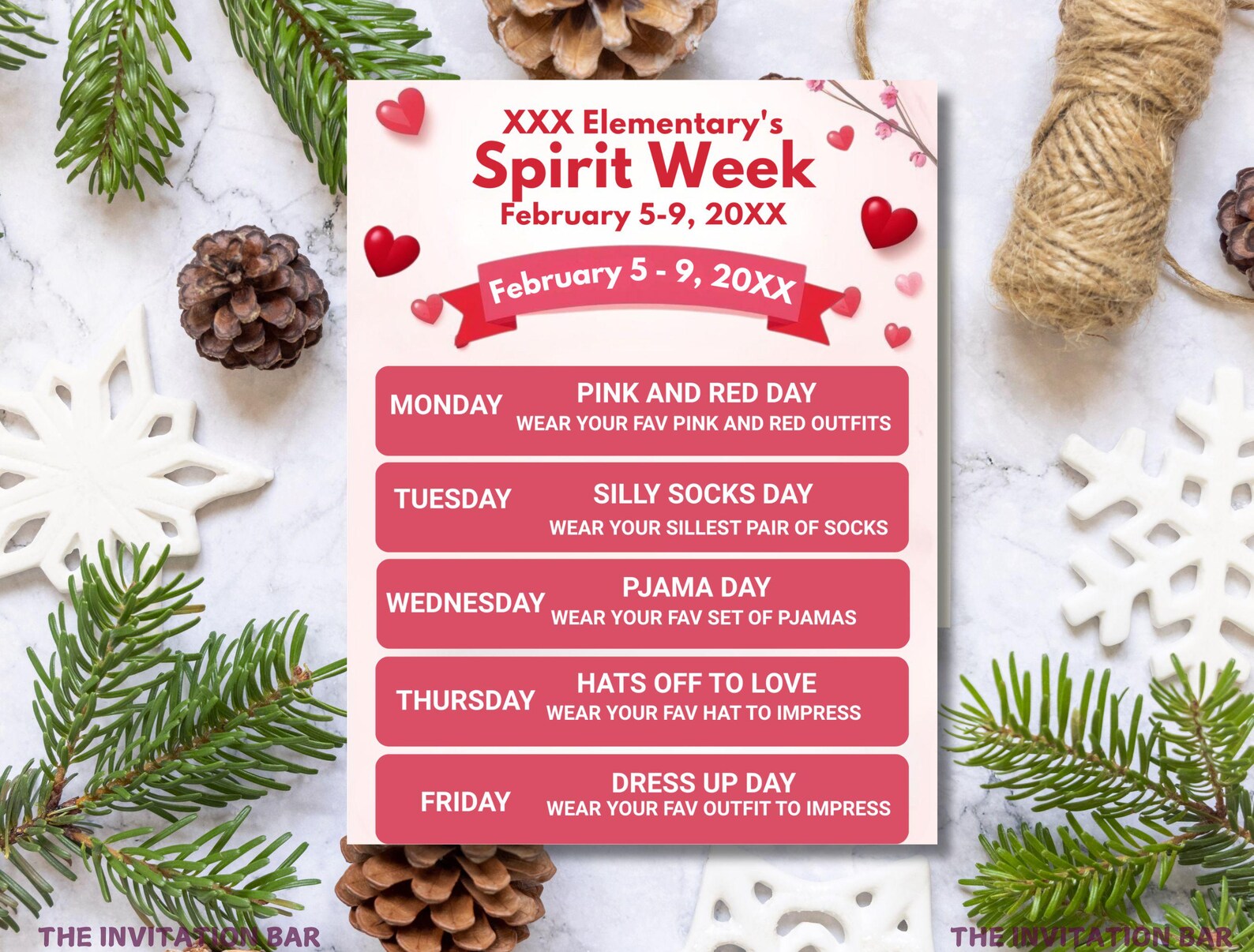 Valentines Day Spirit Week Flyer Editable | School Spirit Week Schedule ...