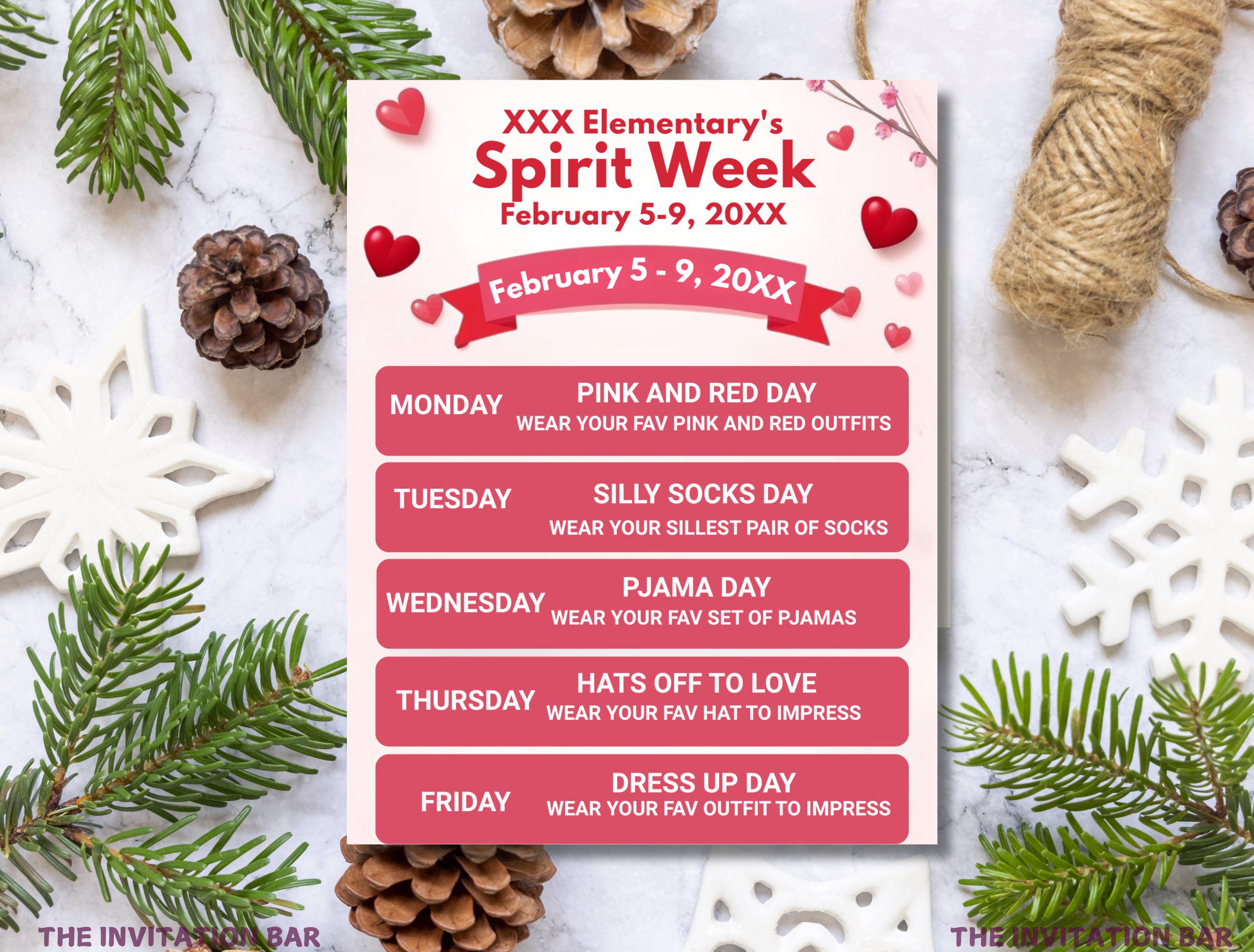 Valentines Day Spirit Week Flyer Editable | School Spirit Week Schedule ...
