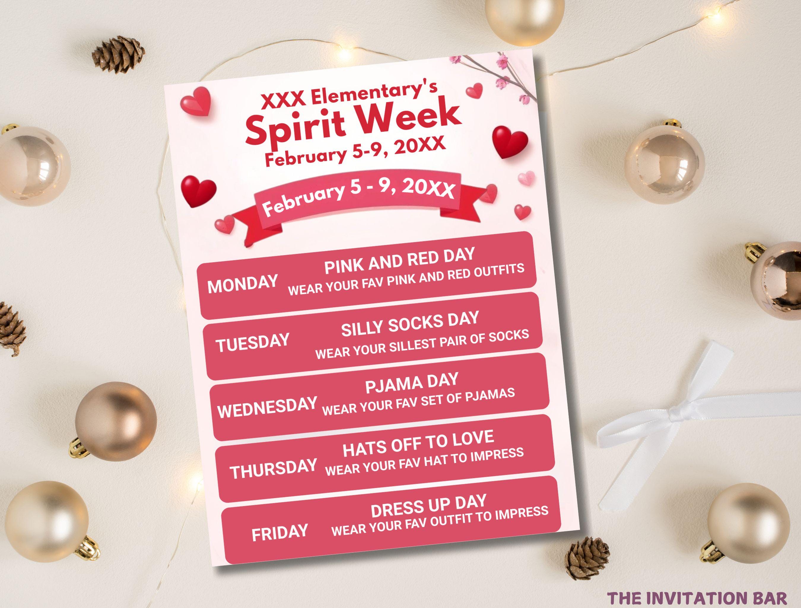 Valentines Day Spirit Week Flyer Editable | School Spirit Week Schedule ...