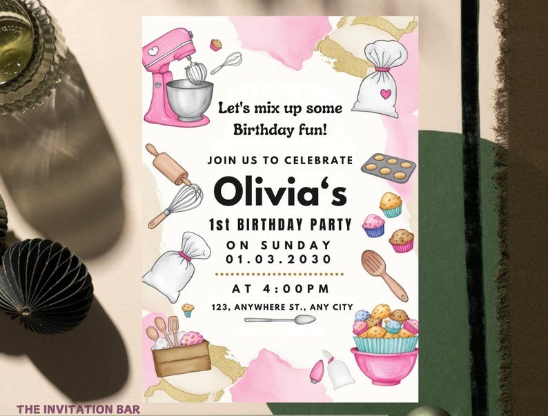 Editable Baking Birthday Invitation Template: Pink Kitchen Party ...