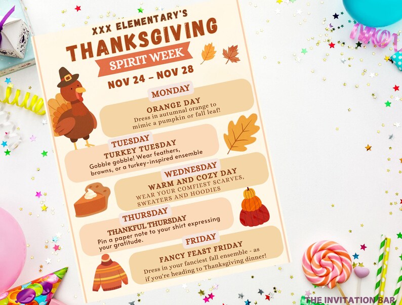 Thanksgiving Spirit Week Flyer: Editable School Template (digital ...