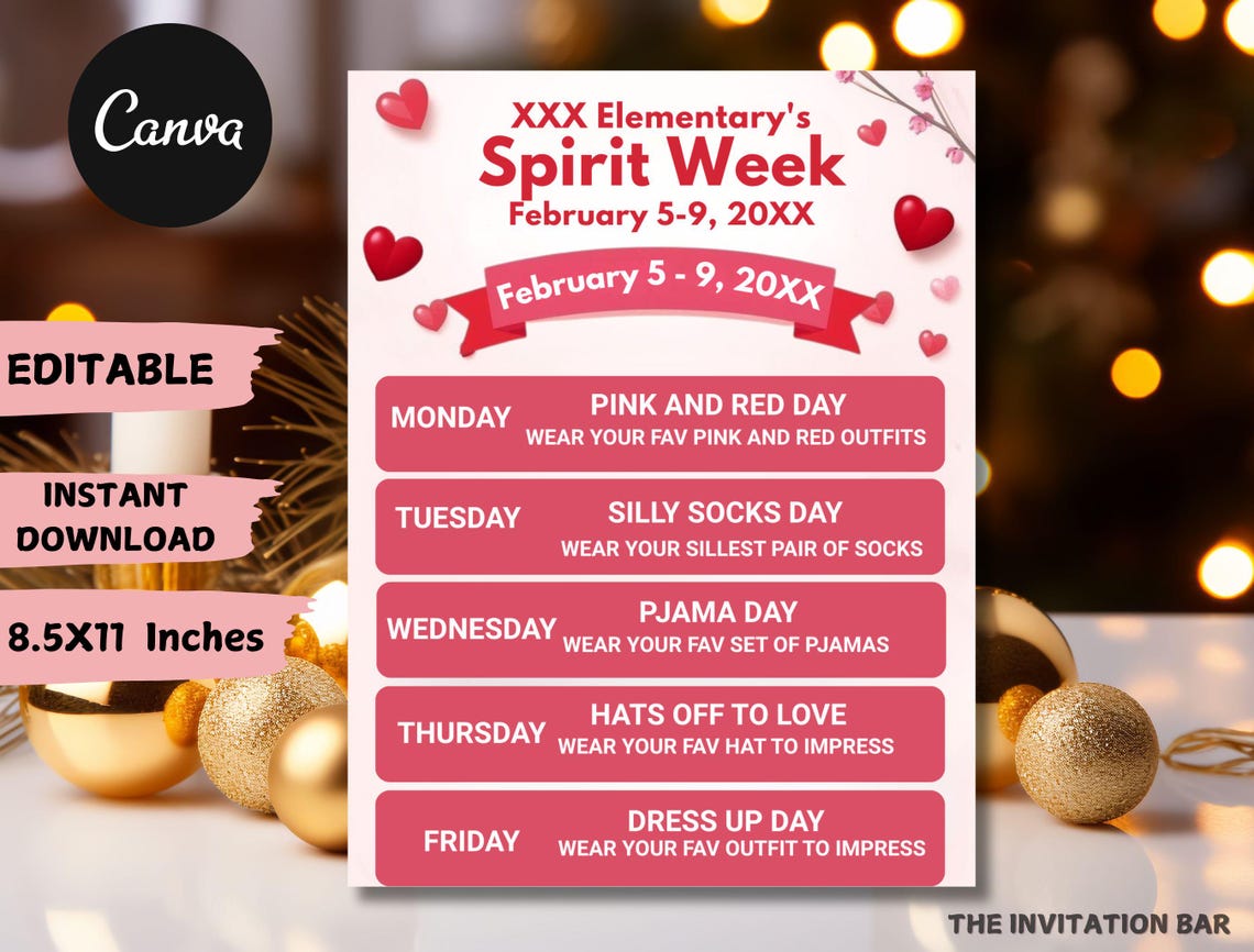 Valentines Day Spirit Week Flyer Editable | School Spirit Week Schedule ...