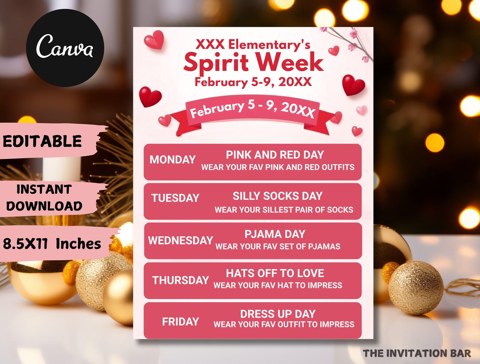 Valentines Day Spirit Week Flyer Editable | School Spirit Week Schedule ...