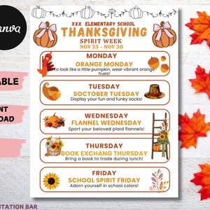 Thanksgiving School Spirit Week Flyer: Editable PTA/PTO Itinerary ...