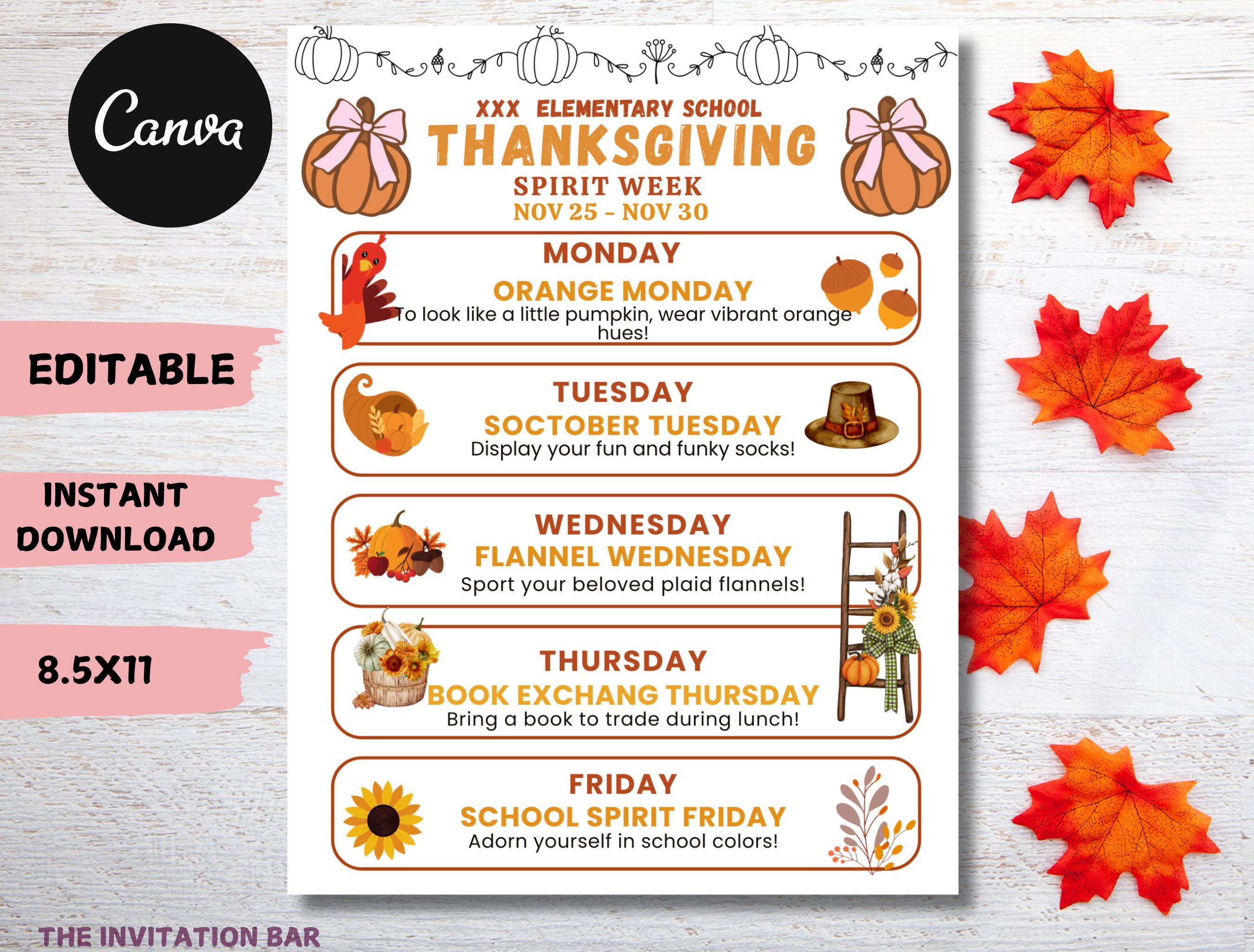 Thanksgiving School Spirit Week Flyer: Editable PTA/PTO Itinerary ...