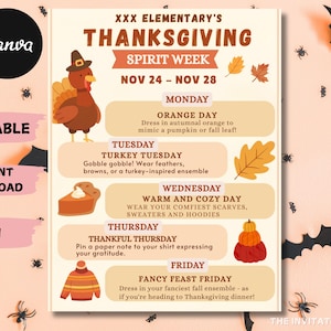Thanksgiving Spirit Week Flyer: Editable School Template (digital ...
