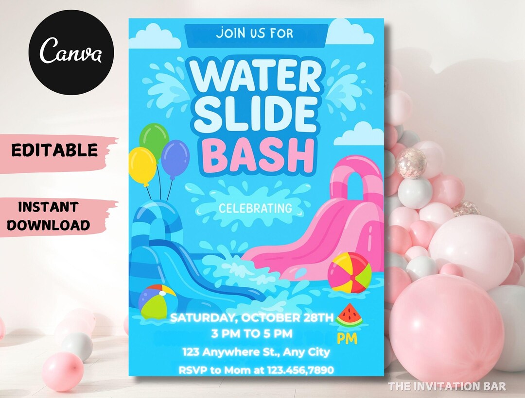 Water Slide Birthday Party Invitation: Blue & Pink Waterslide Bash (5x7 ...