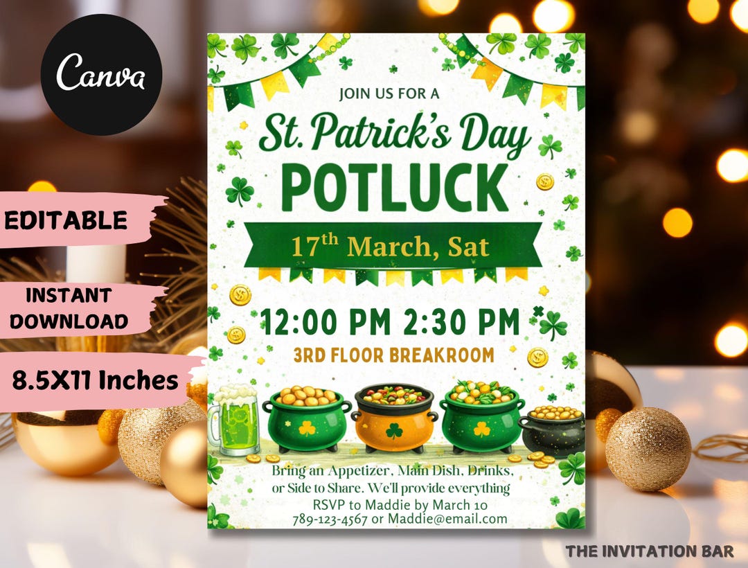 Editable St Patricks Day Potluck Invite Canva Template for Irish Work ...